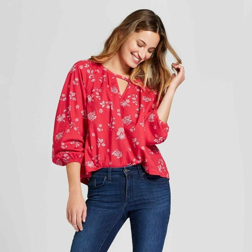 Universal Threads Goods Long Sleeve Printed Woven Top - Red Floral ...