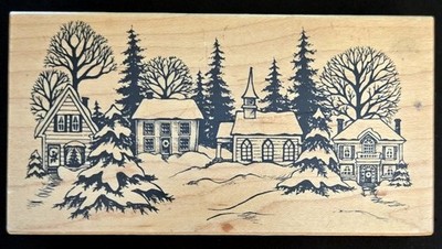 PSX Rubber Stamp K-1604 Winter Country Town Scene Snow Trees Church ...