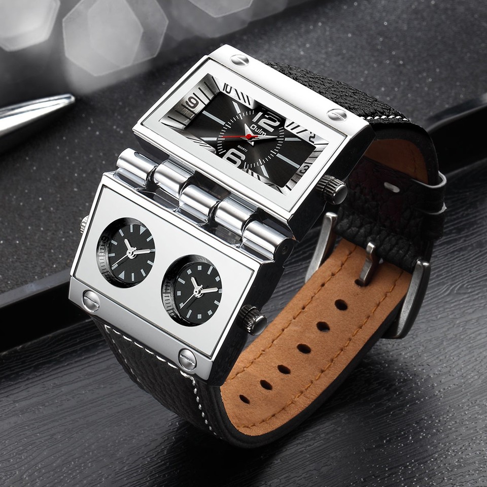 Mens Chunky Large Three-Dial Quartz Analog Watch Leather Band Military ...