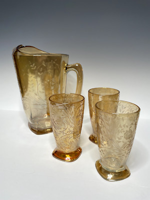Flora Gold Depression Glass Pitcher And Three Glasses Set | eBay