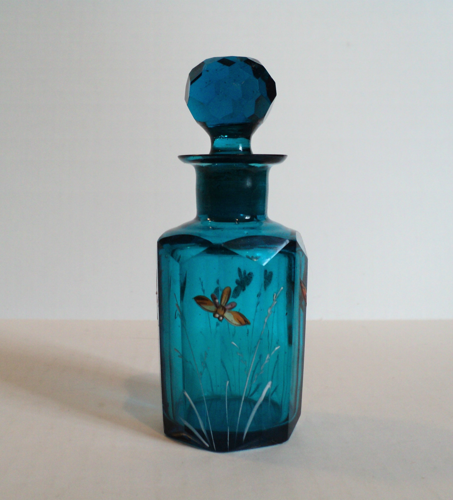 ANTIQUE AQUA/TEAL ART GLASS COLOGNE BOTTLE, HAND ENAMELED BUTTERFLIES ...
