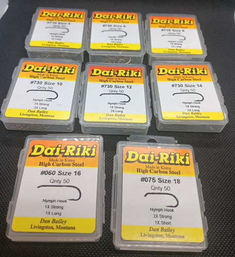 DAI-RIKI, FLY TYING HOOKS, NYMPH HOOKS, LOT OF 8-- ASSORTED SIZES. LOW ...
