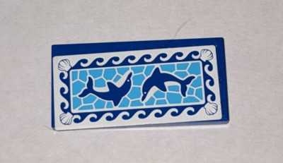 LEGO BLUE 2X4 TILE WITH 2 DOLPHINS IN MOSAIC POOL PATTERN PIECE PART ...