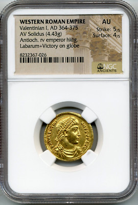 Valentinian I, AD 364-375 Western Roman Empire Gold Solidus - NGC AU 5/ ...