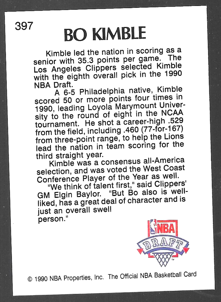 1990-91 NBA Hoops Lottery Pick Bo Kimble 397 Los Angeles Clippers | eBay