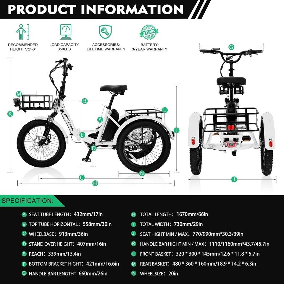 SLSY 20" Fat Tire Foldable Electric Trike, 500W Peak 1000W 48V Electric ...