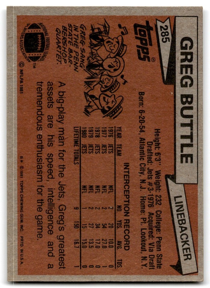 1981 Topps Greg Buttle . New York Jets #285 | eBay