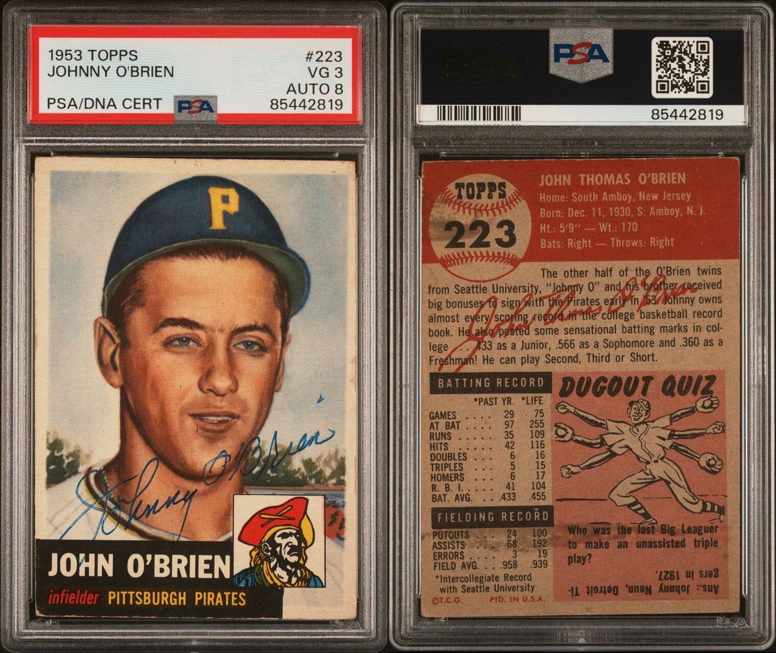 1953 Topps #223 Johnny O'Brien Rookie Autograph PSA/DNA PSA 3 Auto ...