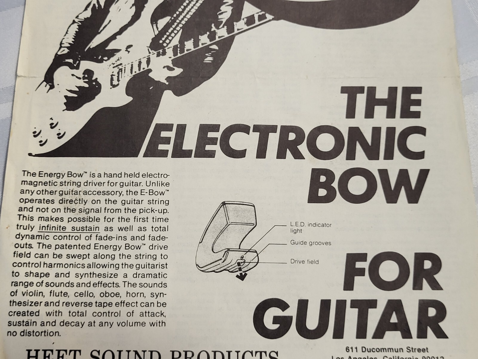 EBOW THE ELECTONIC BOW FOR GUITAR PAPER SHEET ADVERTISING JIMMY PAGE ...
