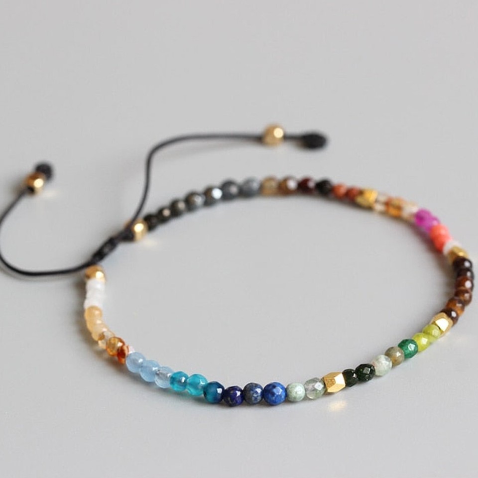 Natural 3mm Assorted Gemstone Crystal Beaded Braided Bracelet 12 Zodiac ...