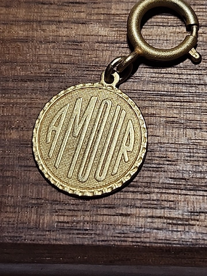 Vintage French Love Charm Amour Medallion Pendant Brushed Gold-tone ...