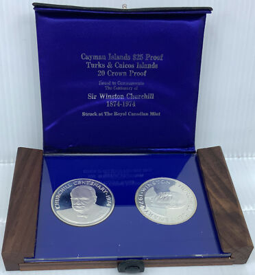 1974 TURKS & CAICOS CAYMAN ISLANDS Churchill Proof Silver Set of 2 ...