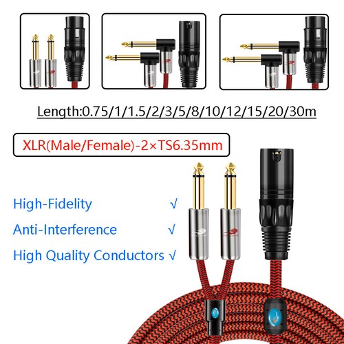 XLR to 2 x 6.35mm 1/4" Mono Jack Twin Lead / Audio Signal Patch Cable 0 ...