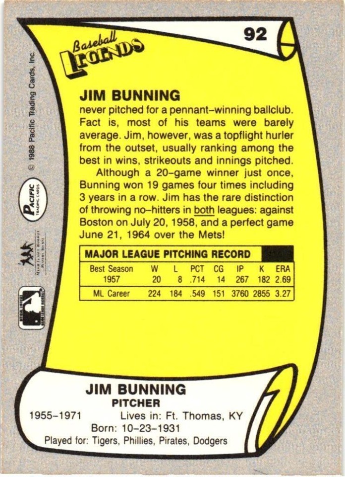 JIM BUNNING Card #92 FREE SHIPPING B10R2S2P9 | eBay