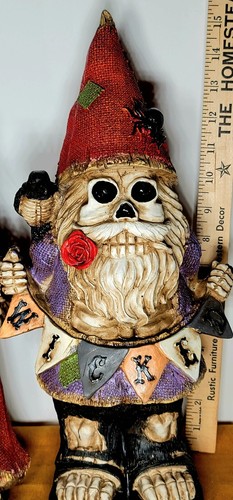16 inch SKELETON GNOME Couple Male W/Bird & "Wicked" Sign Female W/Cat ...