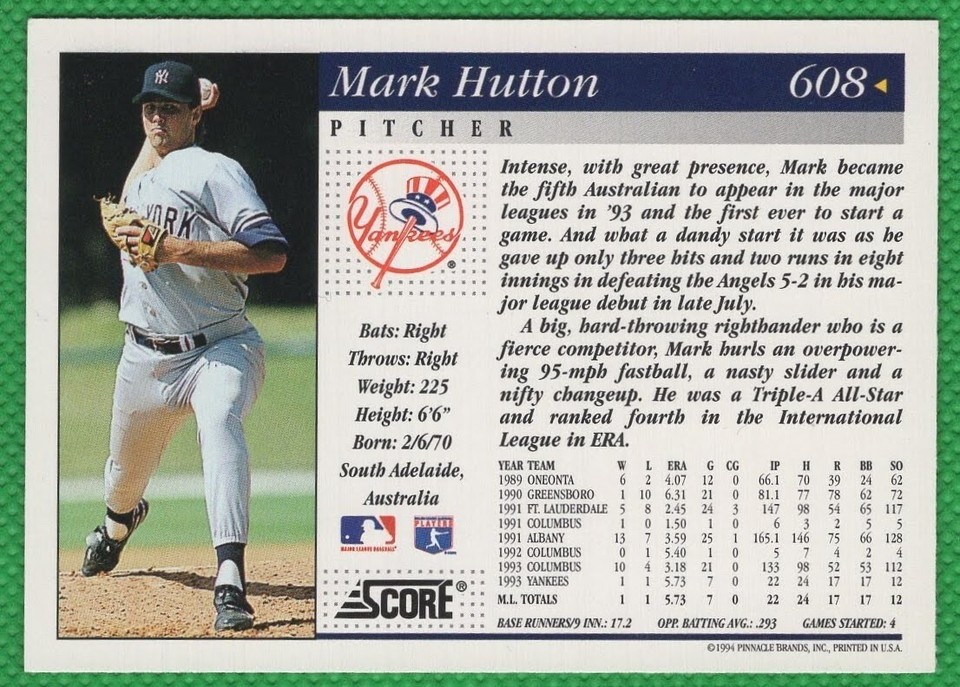 Mark Hutton - 1994 Score #608 - New York Yankees Baseball Card - Rookie ...