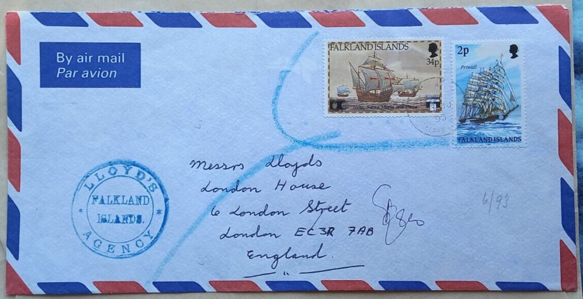 FALKLAND ISLANDS 1993 UNACCEPTABLE STAMP COVER WITH LLOYD'S AGENCY F I ...