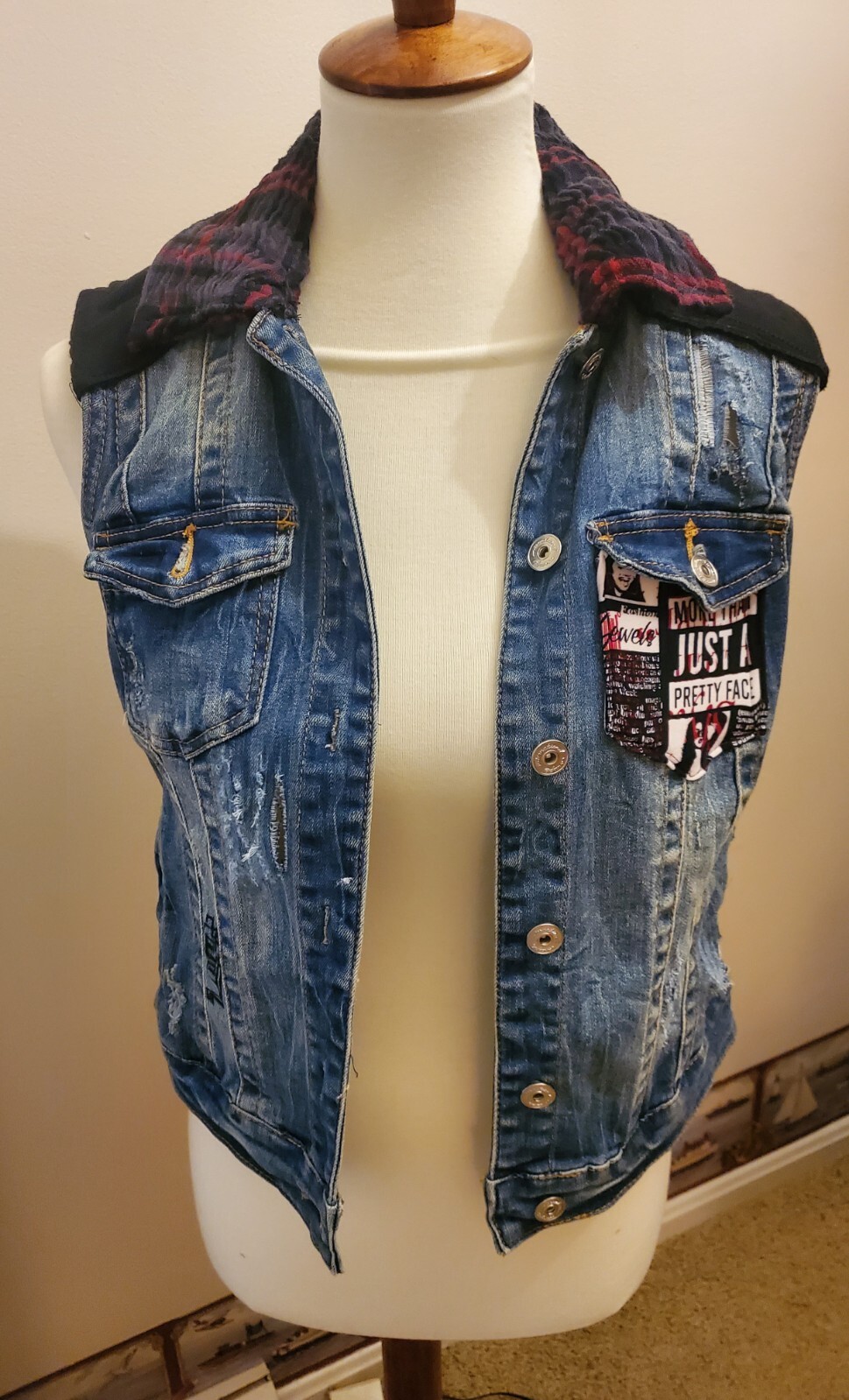Distressed Denim Vest Unique Hand Design Sewn Sz Smal… - Gem