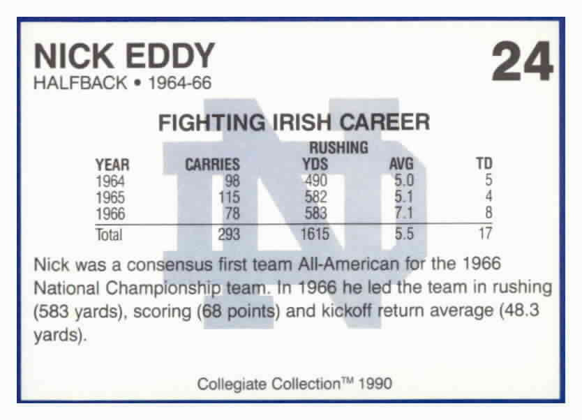 Nick Eddy #24 Notre Dame The Fighting Iris Collegiate Collection 1990 ...