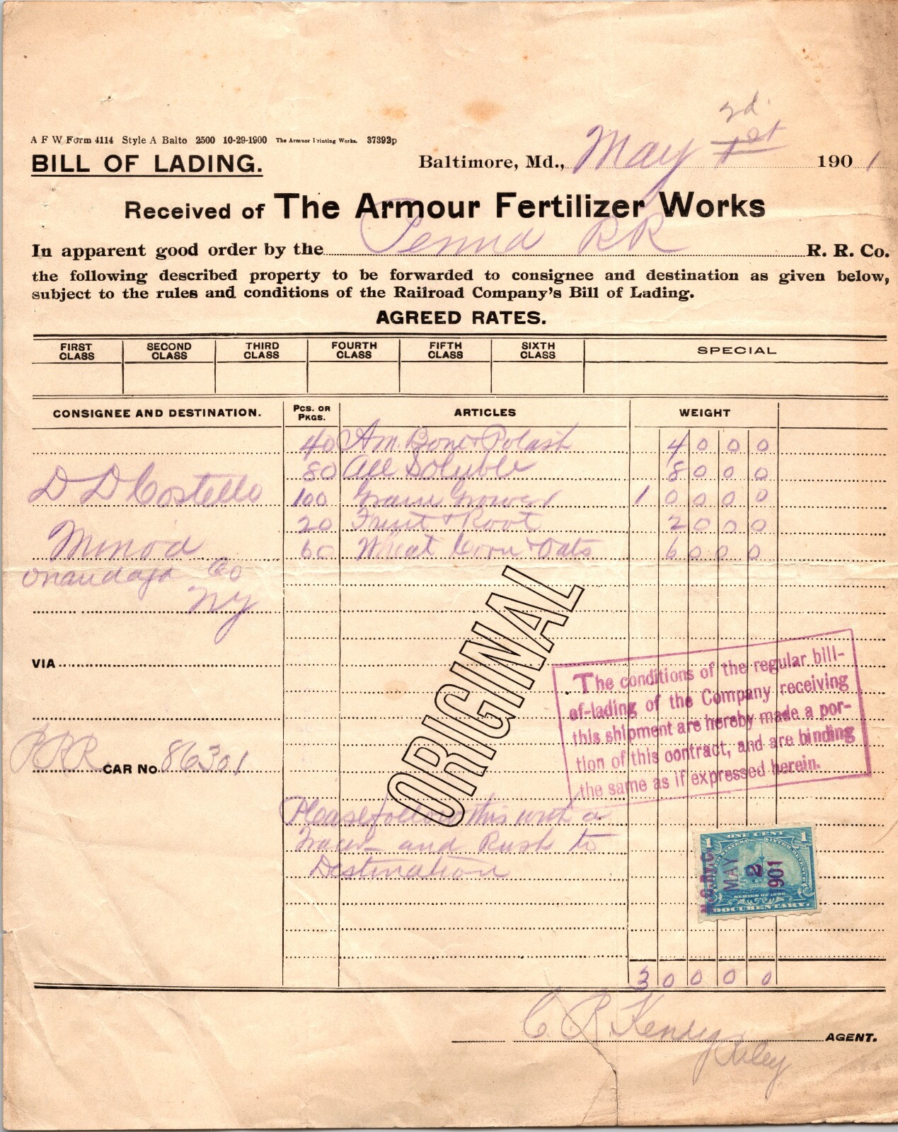 Armour Fertilizer Works Baltimore MD 1901 PRR Bill of Lading Tax Stamp ...
