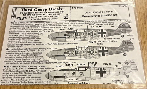 Third Group Decals 72-008JG 77, IJ/LG2 1940-41 Messerschmitt Bf 109E-1 ...