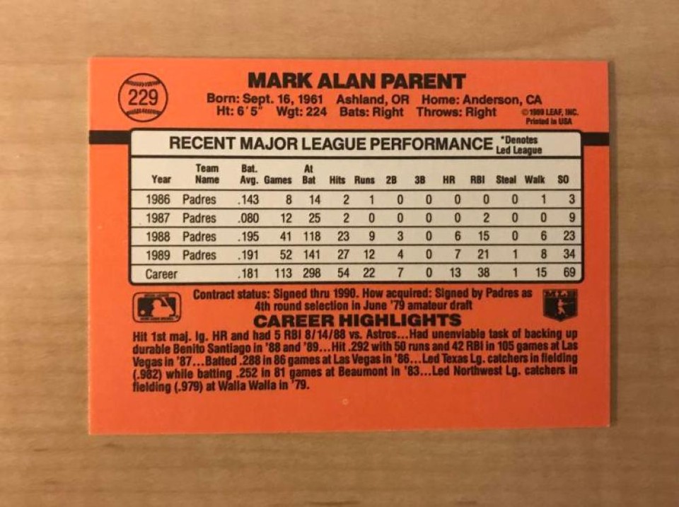 MARK PARENT SAN DIEGO PADRES SIGNED AUTOGRPAHED 1990 DONRUSS CARD #229 ...