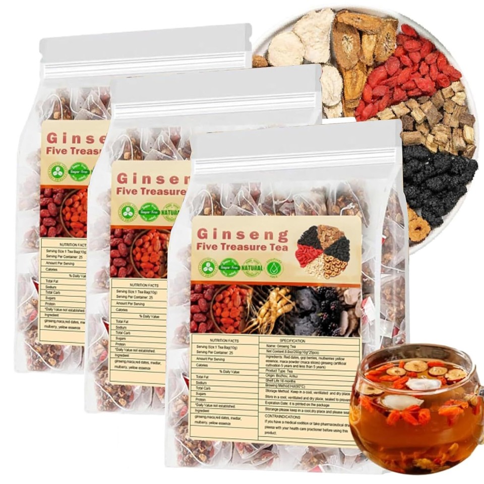 Ginseng Five Treasure Tea - Kidney Support, Red Date Herbal Blend 5 Box ...