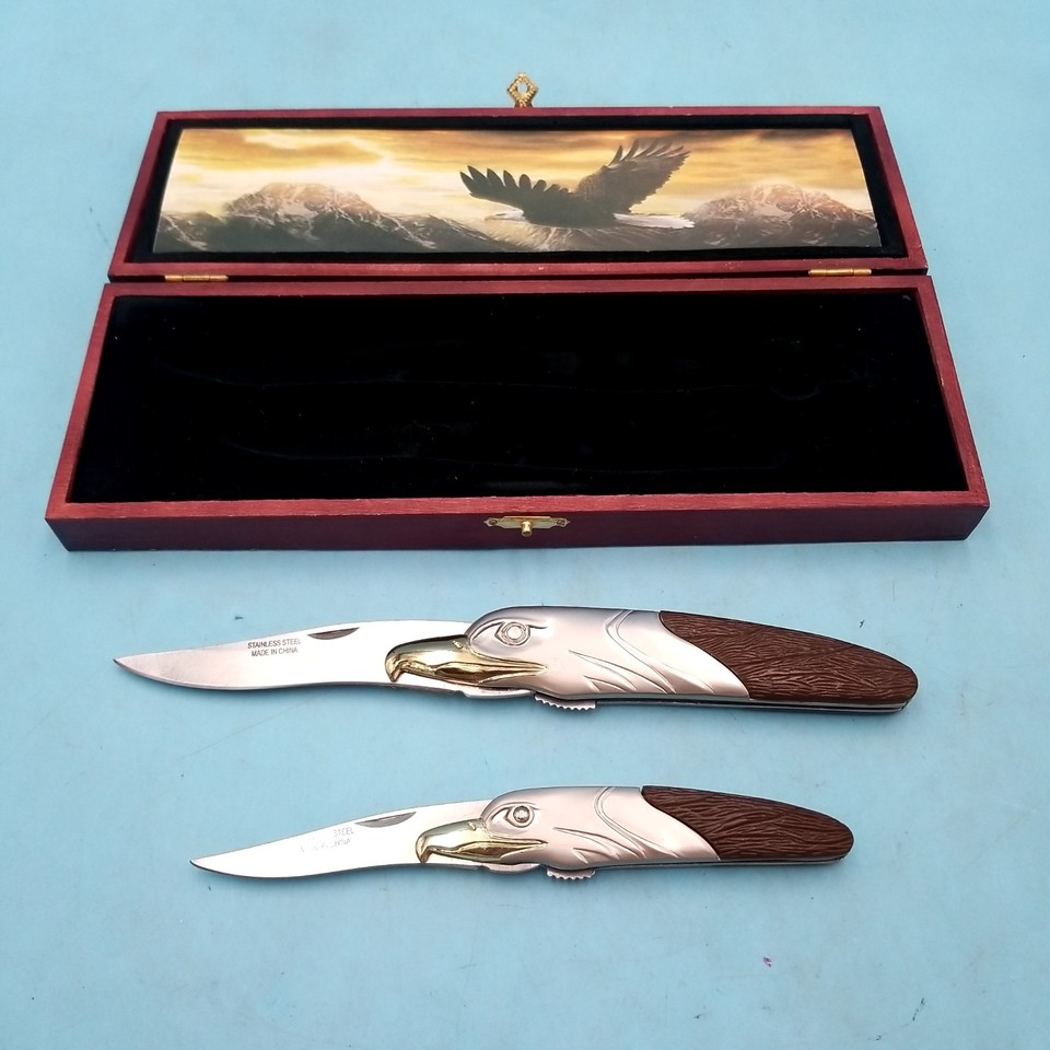 Eagle Head Folding Knife Set of 2 with Wooden Display Box | eBay