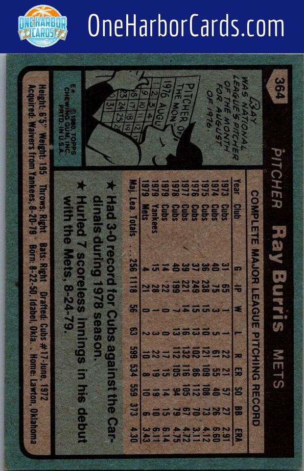 1980 Topps New York Mets #364 Ray Burris | eBay