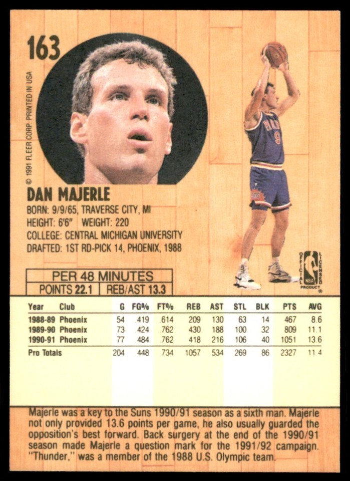 1991-92 Fleer Basketball Base Dan Majerle EX Phoenix Suns #163 0825 | eBay