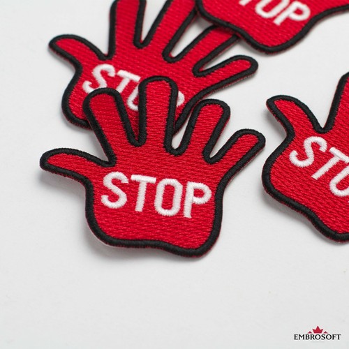 Hand STOP Red White Sign Emblem Symbol Embroidered Patch Iron On SIZE ...