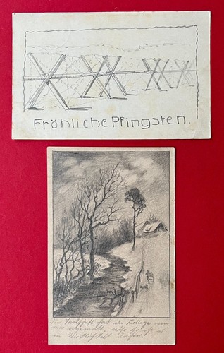 2 x handgemalte Künstler AK PFINGSTEN 1915/17 Zaun und Landschaft ...
