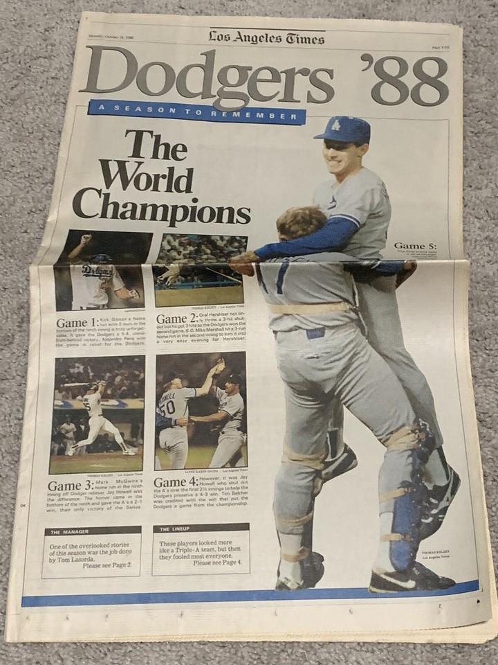 1988 LA Times Dodgers '88 A Season to Remember Orel Hershiser Wins Game ...