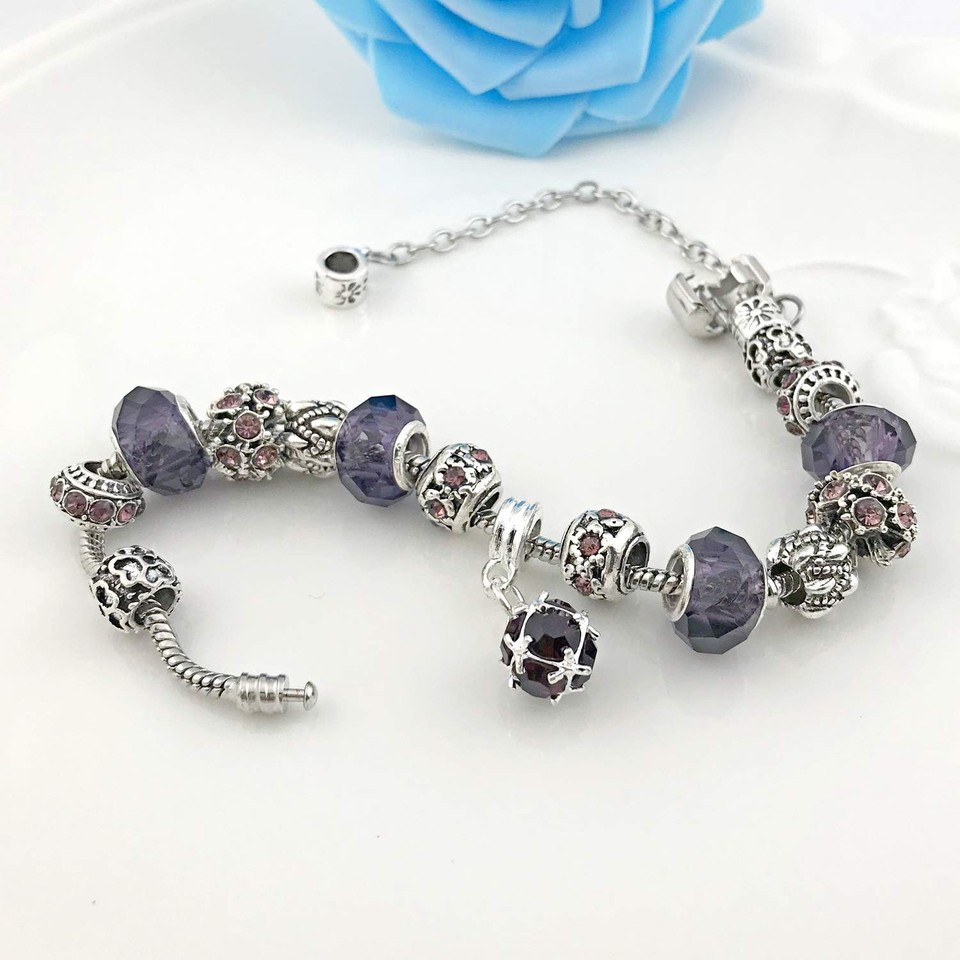 PANDORA SILVER BRACELET WITH CRYSTAL HEART AND LOVE EUROPEAN CHARMS | eBay