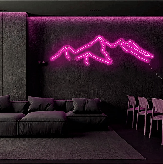 Warm white mountain neon sign wall decor over the bed, Neon light wall ...