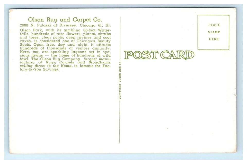 POSTCARD Waterfalls and Rock Garden in Olson Park Rug and Carpet Co ...