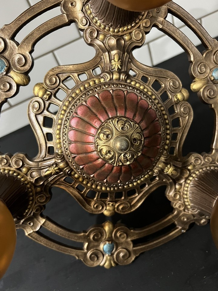 Antique polychrome three bulb semi flush mount ceiling fixture 25K | eBay