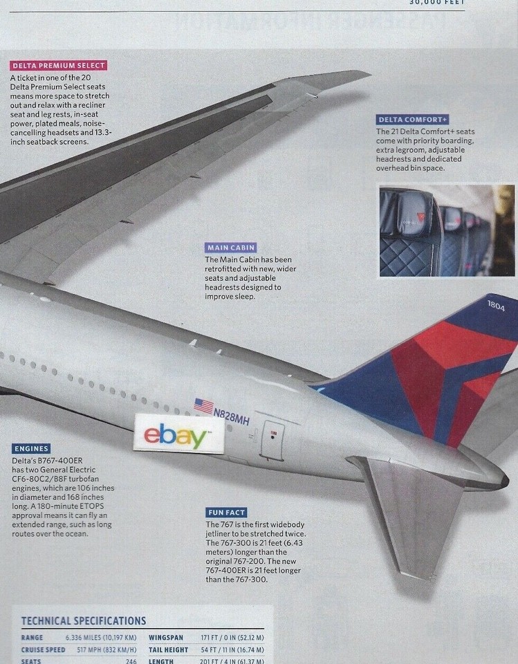 DELTA AIR LINES 2019 BOEING 767-400 2 PG ARTICLE CUTAWAY DRAWING # ...