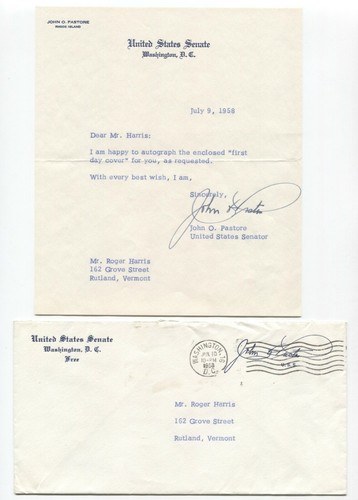 John Pastore Signed Letter TLS Autographed Signature Senator Governor ...