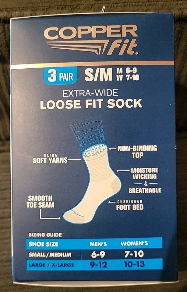 Copper Fit Extra-Wide Loose Fit Sock -S/M (3 Pair) | eBay
