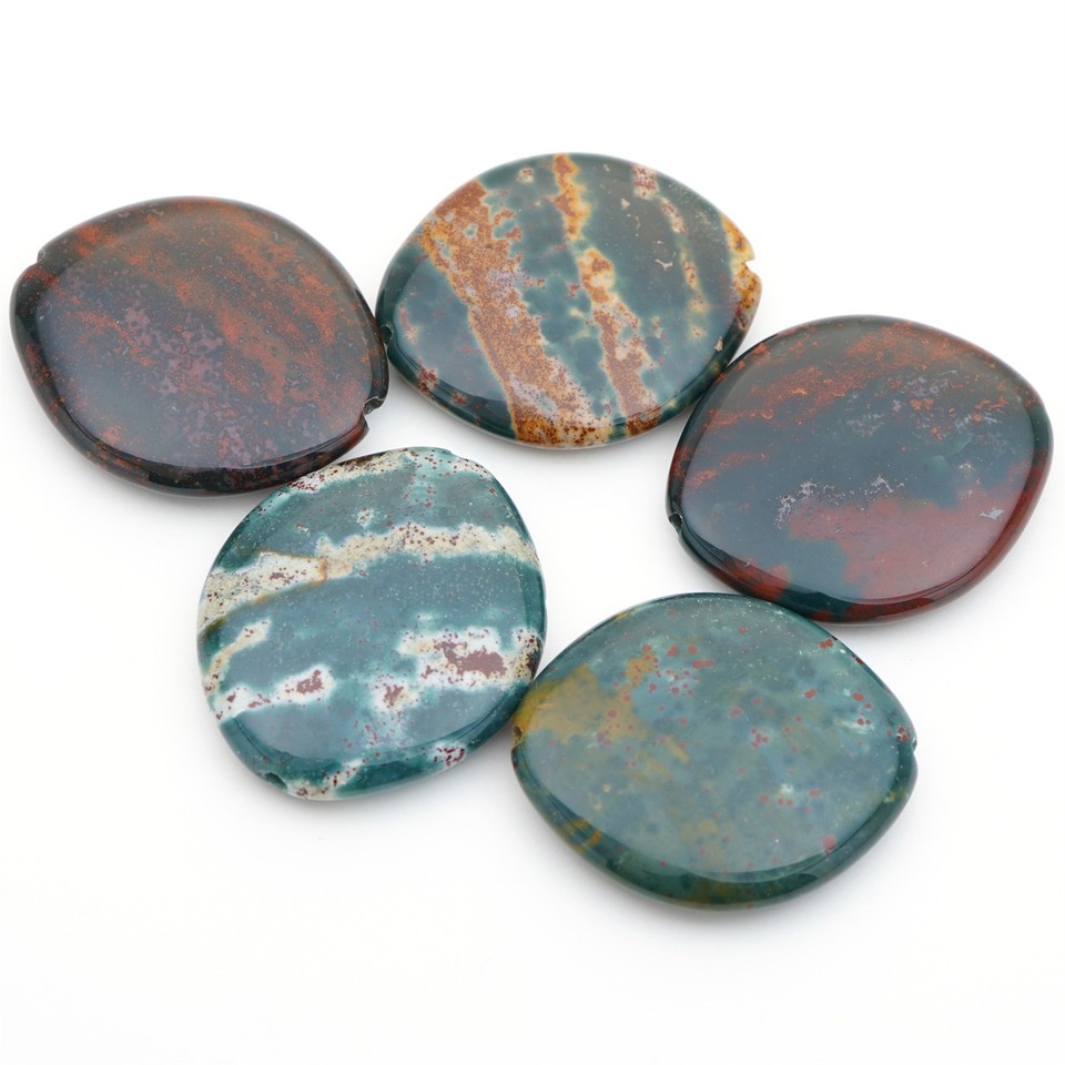 5 large flat pointed oval bloodstone beads green semiprecious stone av ...
