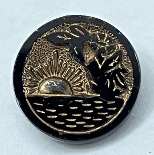 Antique Vintage SUNRISE, WATER & TREE Black Glass Pictorial Button - 5/ ...