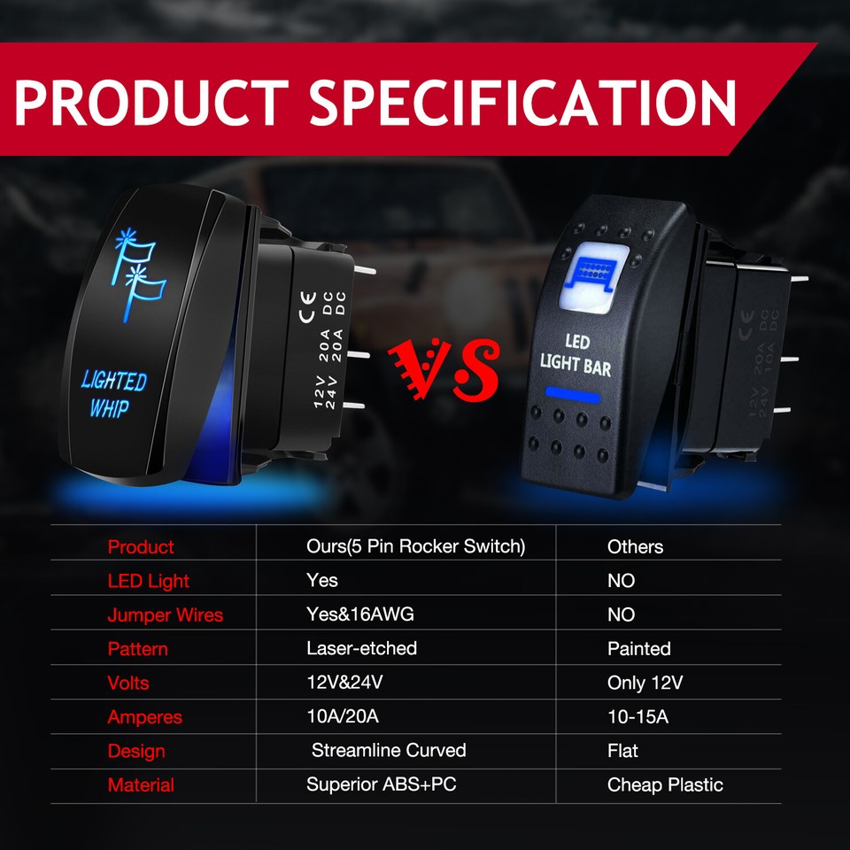 For Polaris RZR XP 4 1000 Turbo RZR 900 5 Pin Laser Lighted Whip Rocker ...