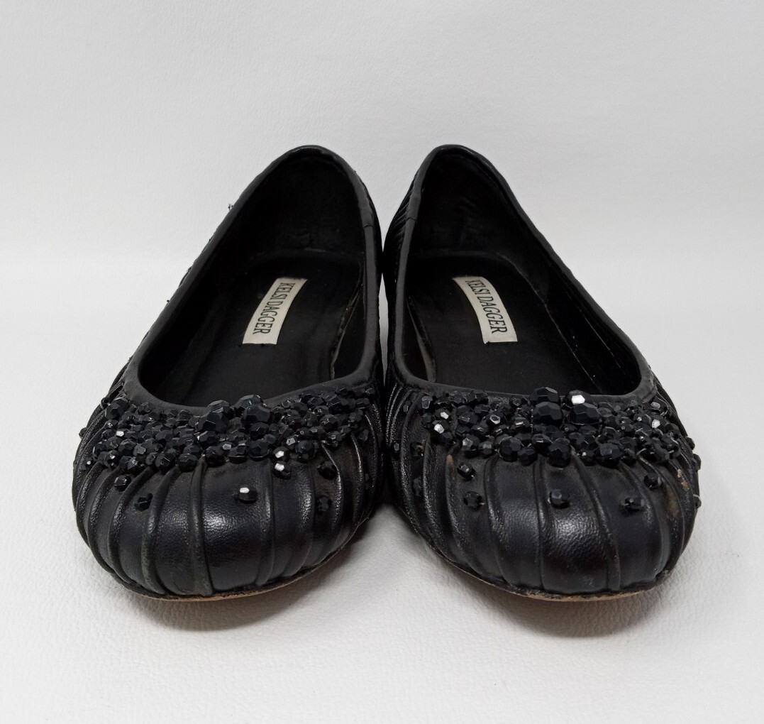 Kelsi Dagger Black Leather Beaded Ballet Flats, Women… - Gem