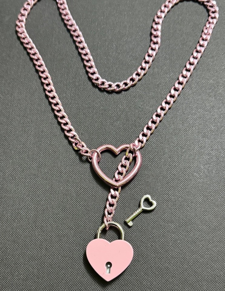 Pastel Pink Heart Padlock Key Slip Chain Choker Necklace Kink Roleplay ...