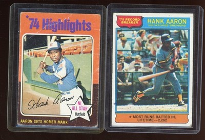 (2) VINTAGE HANK AARON BB LOT-1975 TOPPS #1 SP-1976 TOPPS #1-SHARP LOT ...