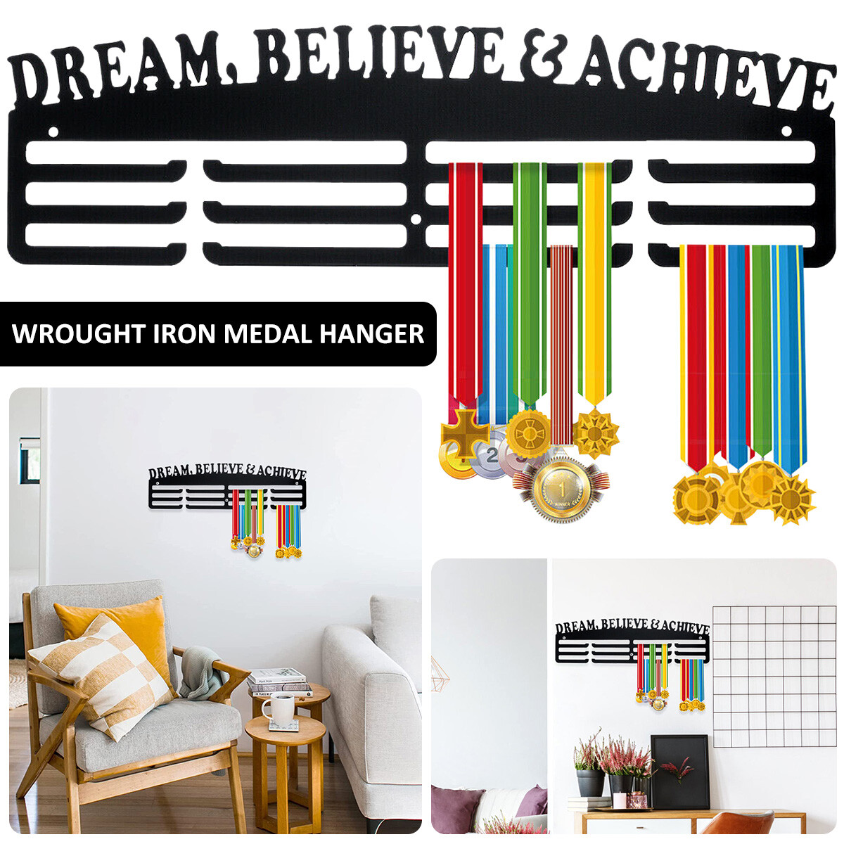 Medal Display Hanger Wall Mounted Medal Display Rack Black Medal Holder ...