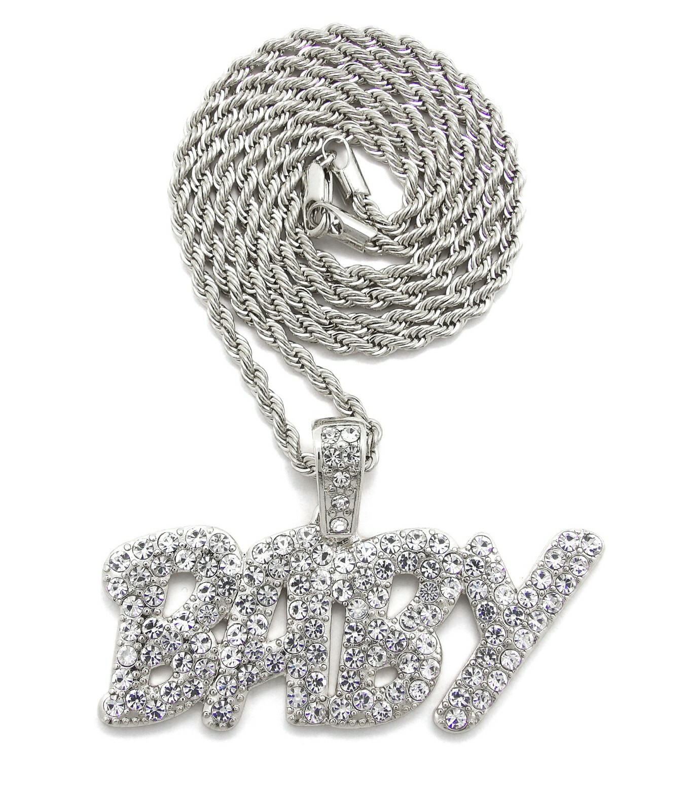Silver Plated Cubic Zirconia Lil Baby & 24" Box Cuban Rope Brass Chain ...