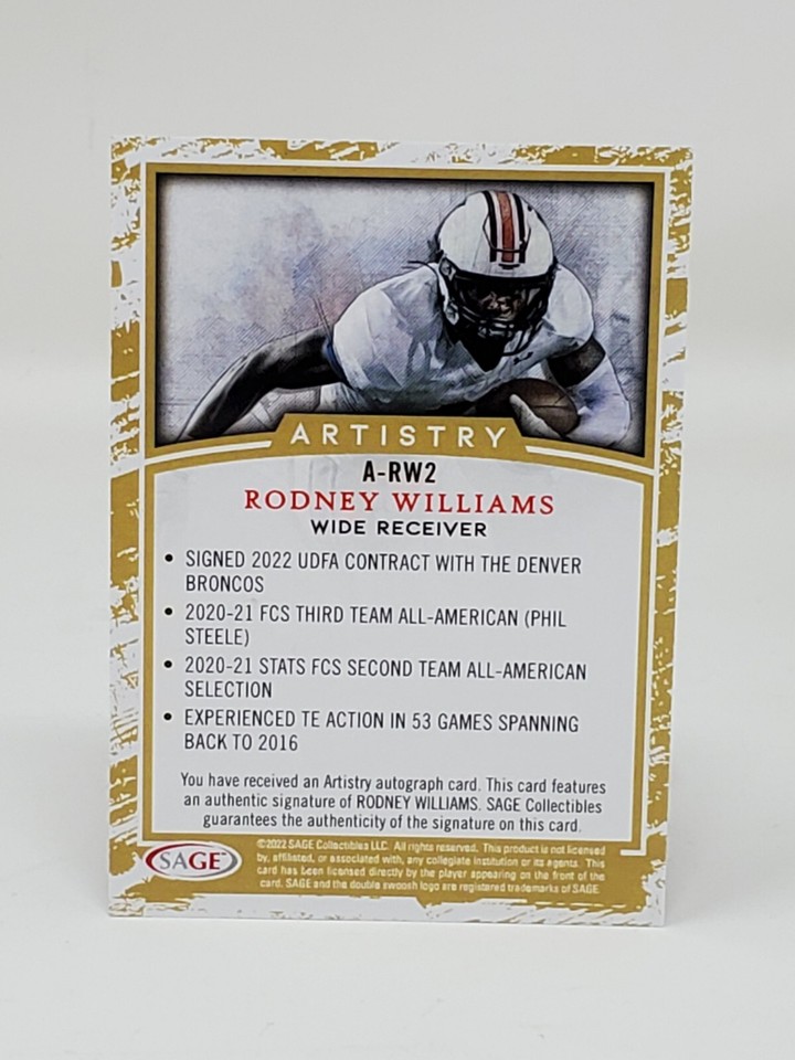 2022 SAGE Artistry A-RW2, Autograph White/Black Border Rodney Williams ...