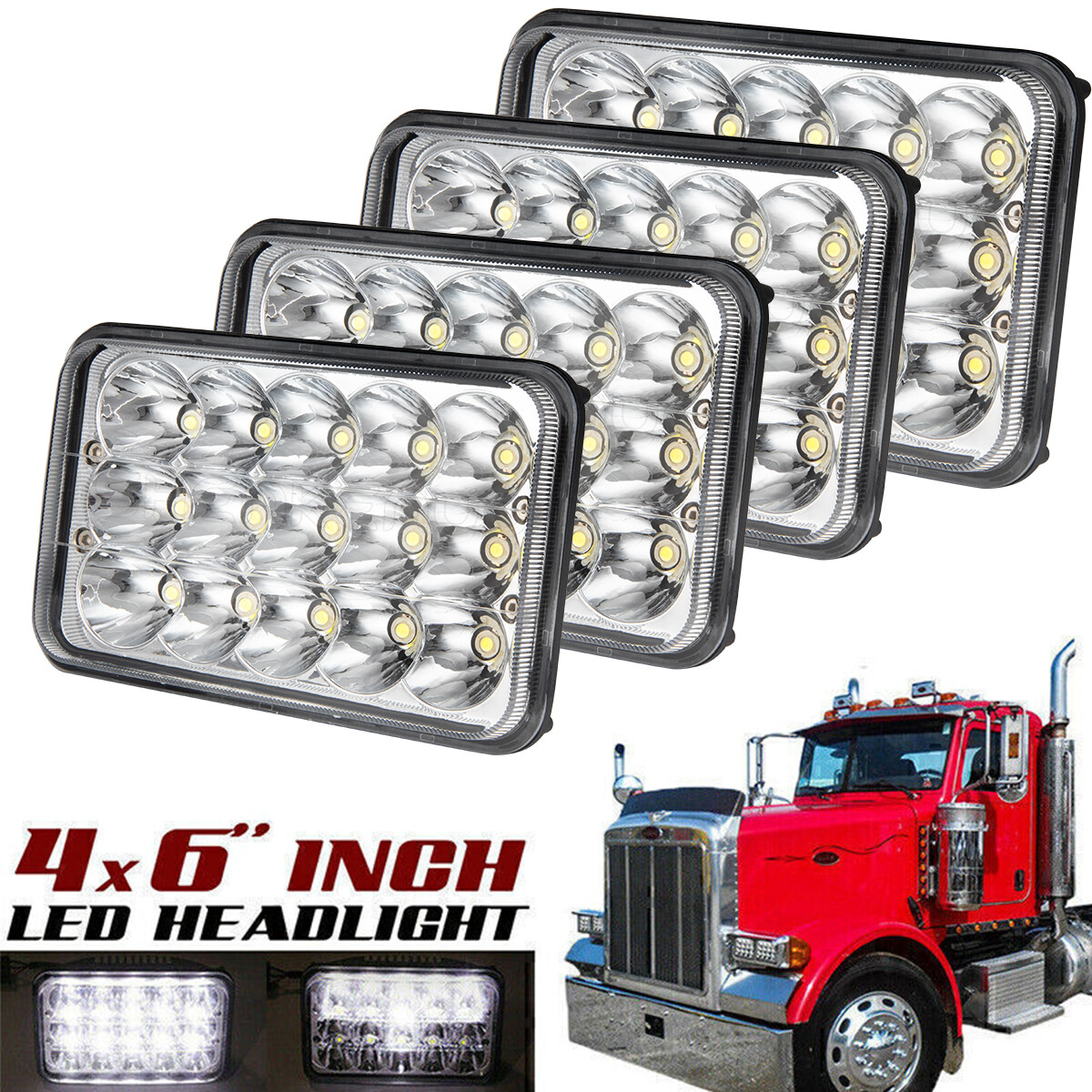 For Peterbilt Kenworth T800 W900 4PCS 4x6" inch Led Headlights Hi-Lo ...